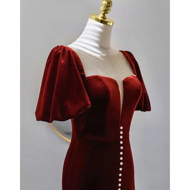 Wine Red Velvet Long Round Neckline Party Dress, Wine Red Prom Dresses ...