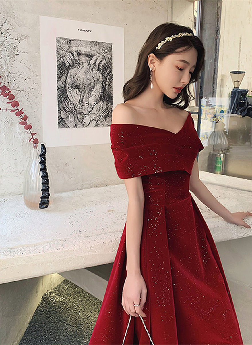Wine Red Off Shoulder Tea Length Velvet Party Dress, Wine Red Prom Dre ...