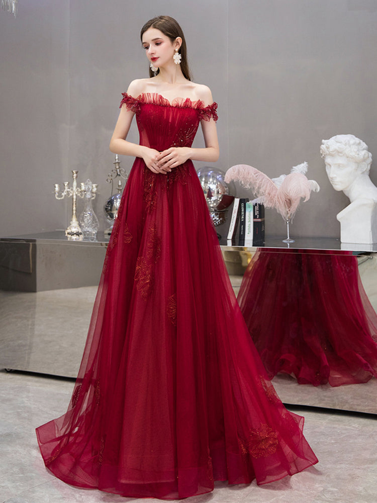 Wine Red Off Shoulder Tulle with Lace Long Formal Dress, Wine Red Prom ...