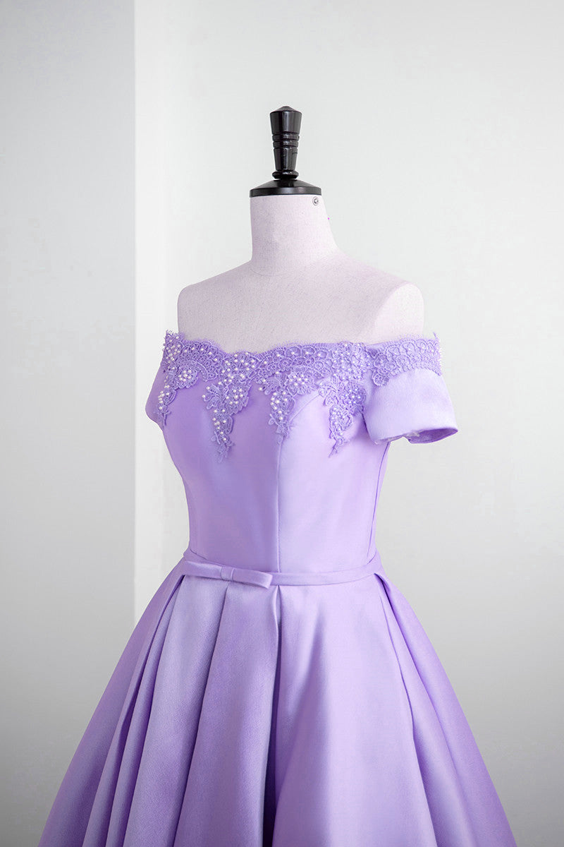 Light Purple Satin Short Party Dress with Lace, Cute Short Homecoming ...