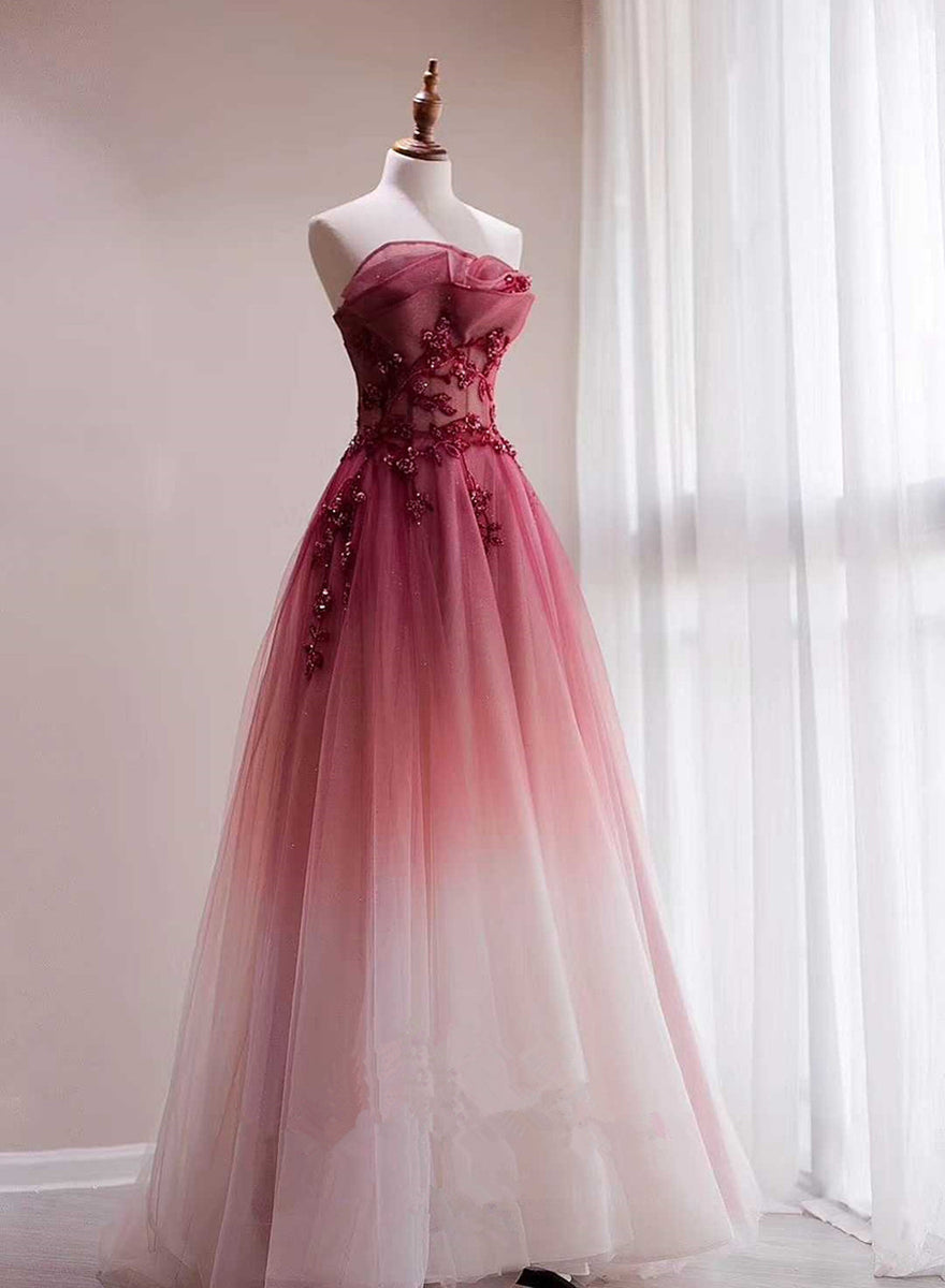 Beautiful Tulle Gradient with Beaded Long Party Dress, A-line Gradient ...