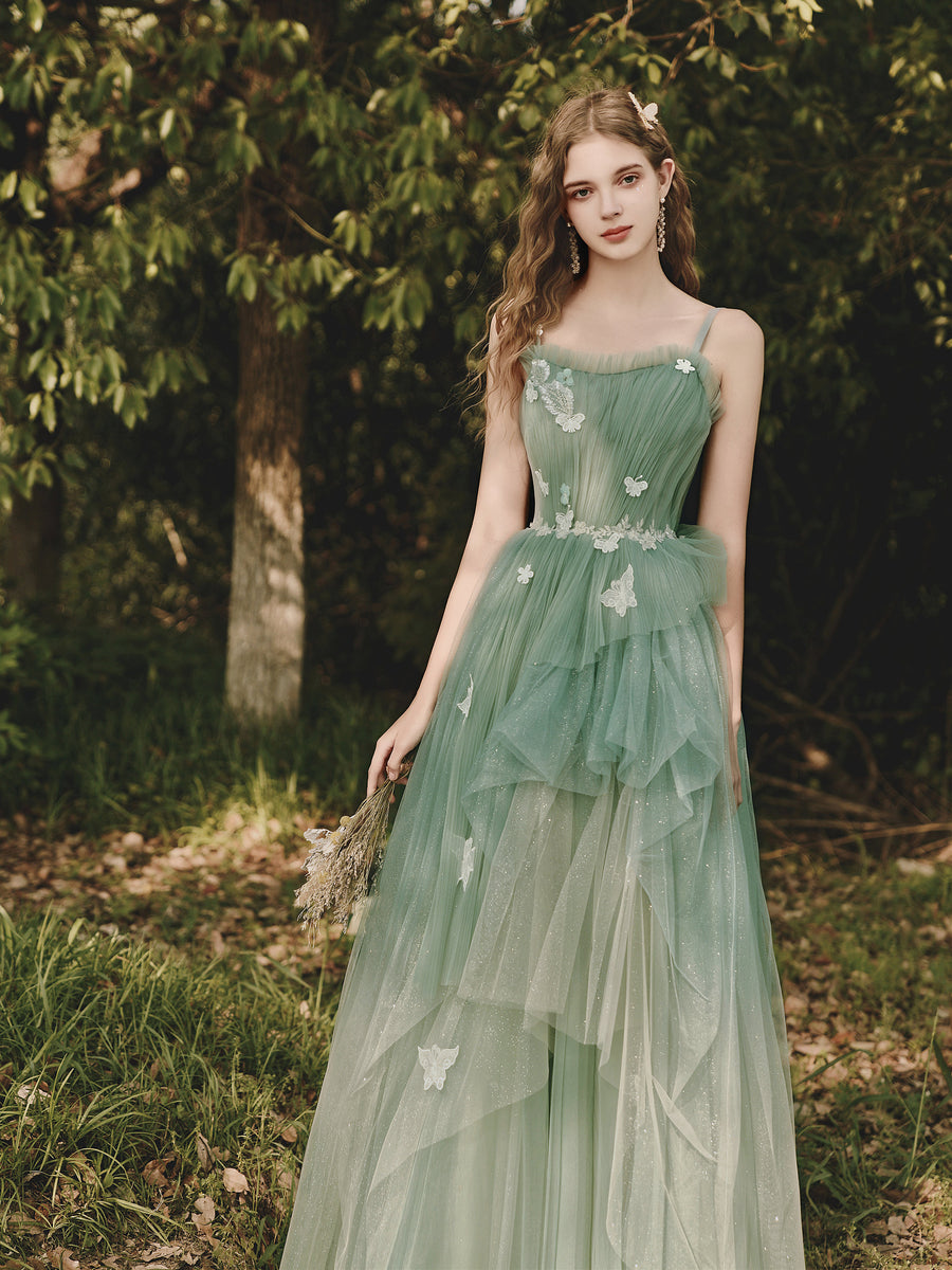Lovely Green Gradient Tulle with Straps Long Prom Dress, Green Formal ...