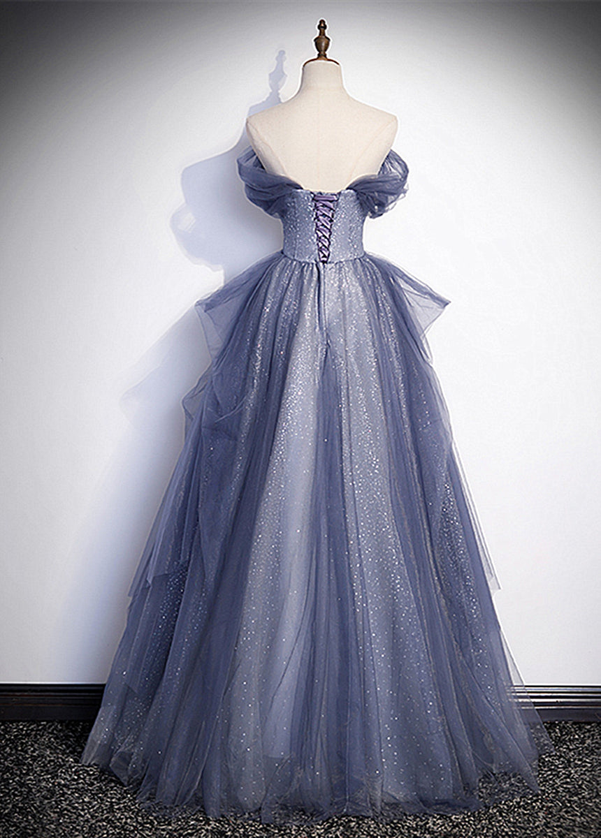 Blue-Grey Long A-line Off Shoulder Party Dress, New A-line Prom Dress ...