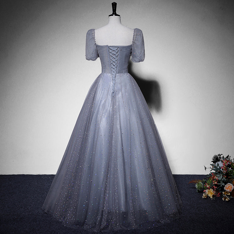 Grey Beaded Tulle Long Formal Dress Party Dress, Grey Evening Gown For ...