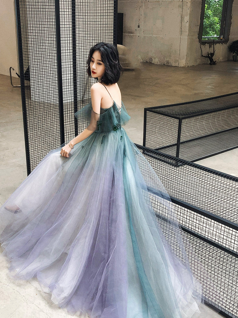 Beautiful Gradient Tulle Straps Long Evening Dress Party Dress, Tulle ...