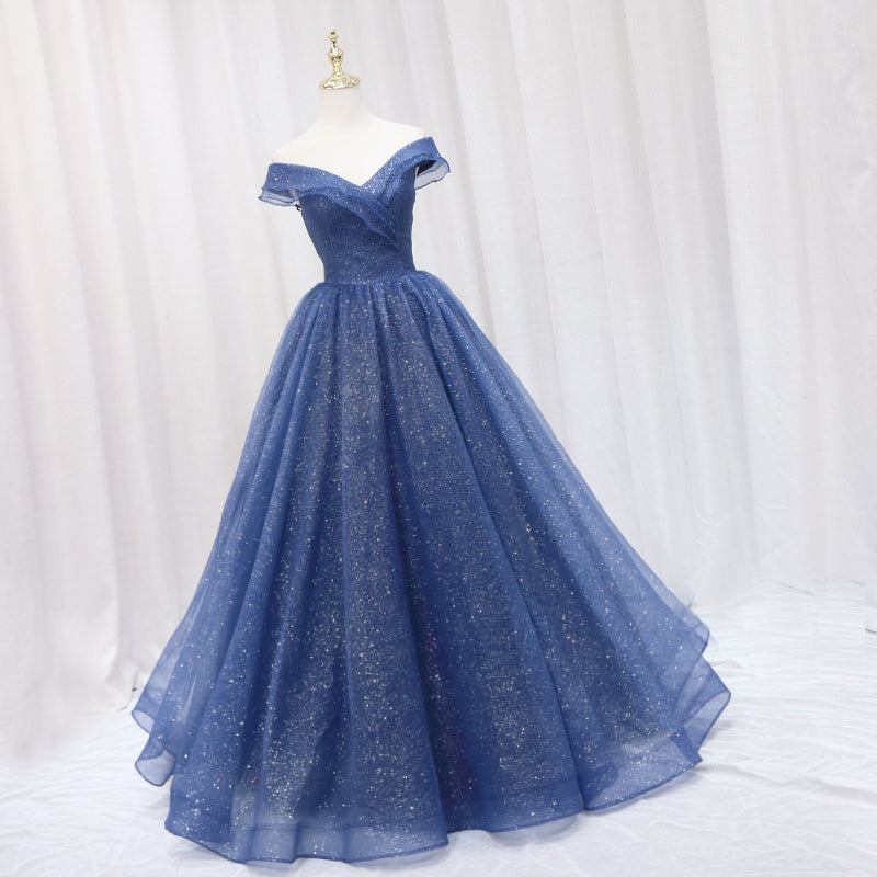 Navy Blue Off Shoulder Shiny Tulle Floor Length Prom Dress, Blue Prom ...