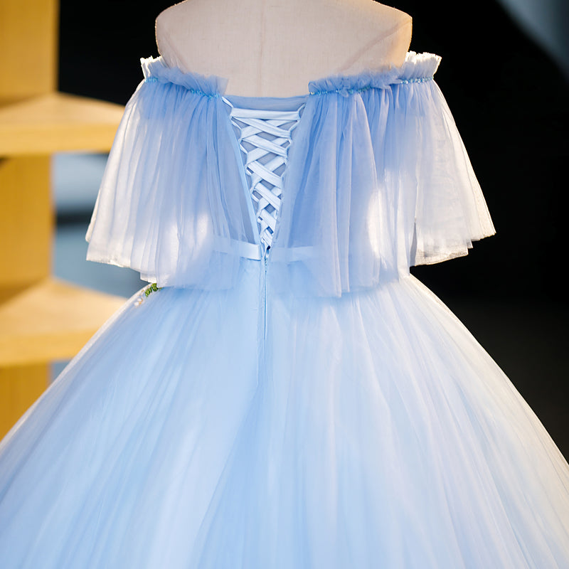 Light Blue Tulle Off Shoulder with Lace Applique Prom Dress, Blue Long ...