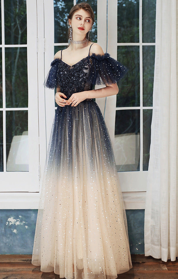 Navy Blue Straps Gradient Tulle Long A-line Prom Dress, Blue Evening P ...
