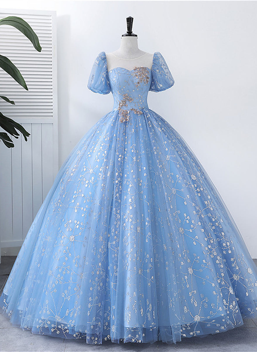 Light Blue Tulle Short Sleeves Long Formal Dress, Blue Sweet 16 Dress ...