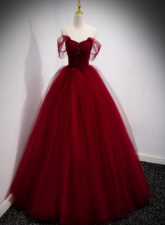 Lovely Wine Red Princess Tulle Beaded Long Party Dress, Dark Red Forma ...