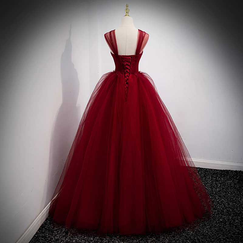 Lovely Wine Red Princess Tulle Beaded Long Party Dress, Dark Red Forma ...