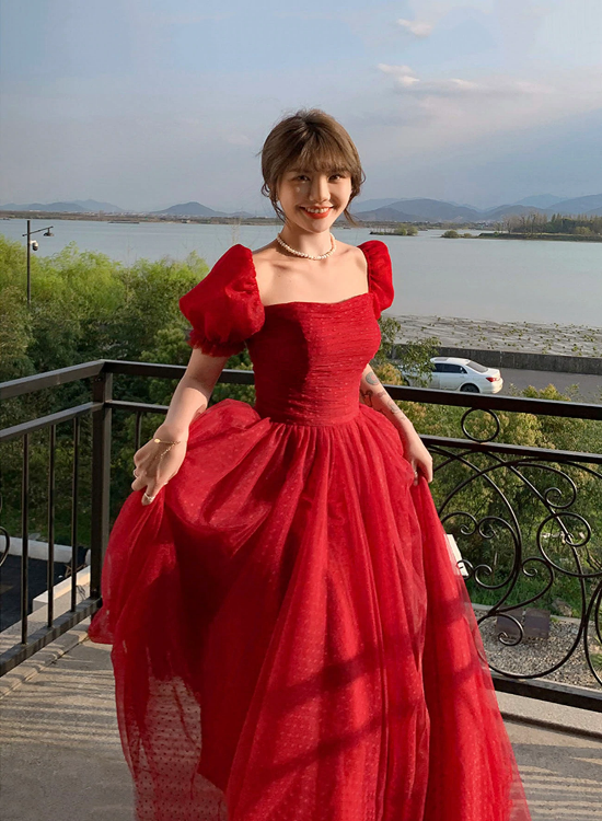 Beautiful Red Short Sleeves Tulle Prom Dress Party Dress, Red Evening ...