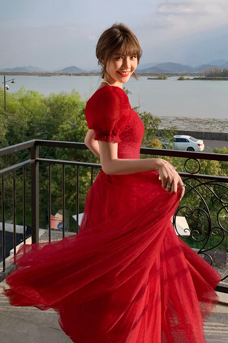Beautiful Red Short Sleeves Tulle Prom Dress Party Dress, Red Evening ...
