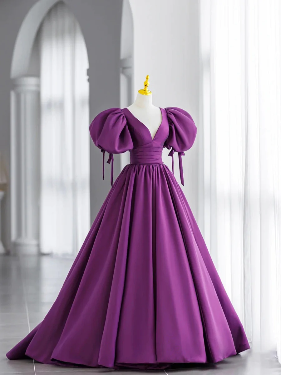 Purple Satin Puffy Sleeves Long Party Dress, Dark Purple Evening Dress ...