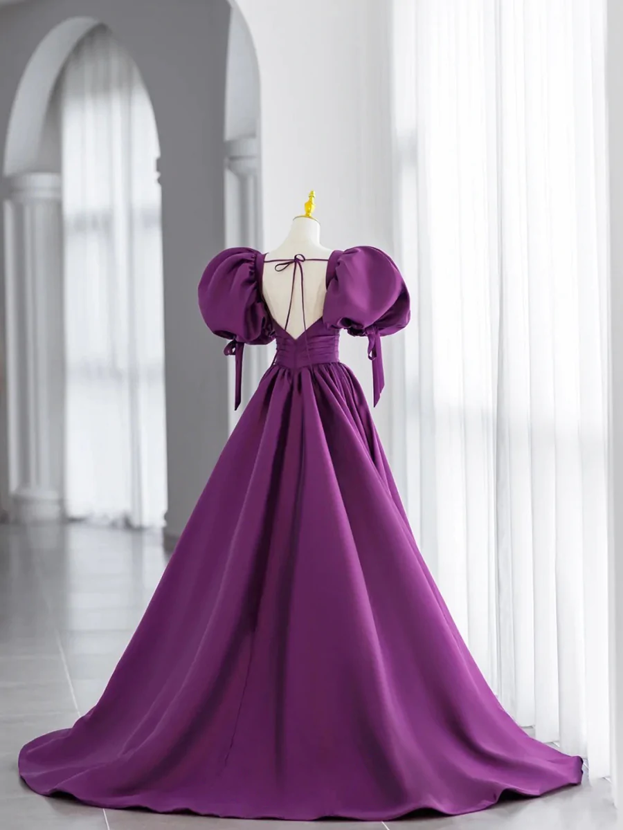 Purple Satin Puffy Sleeves Long Party Dress, Dark Purple Evening Dress ...