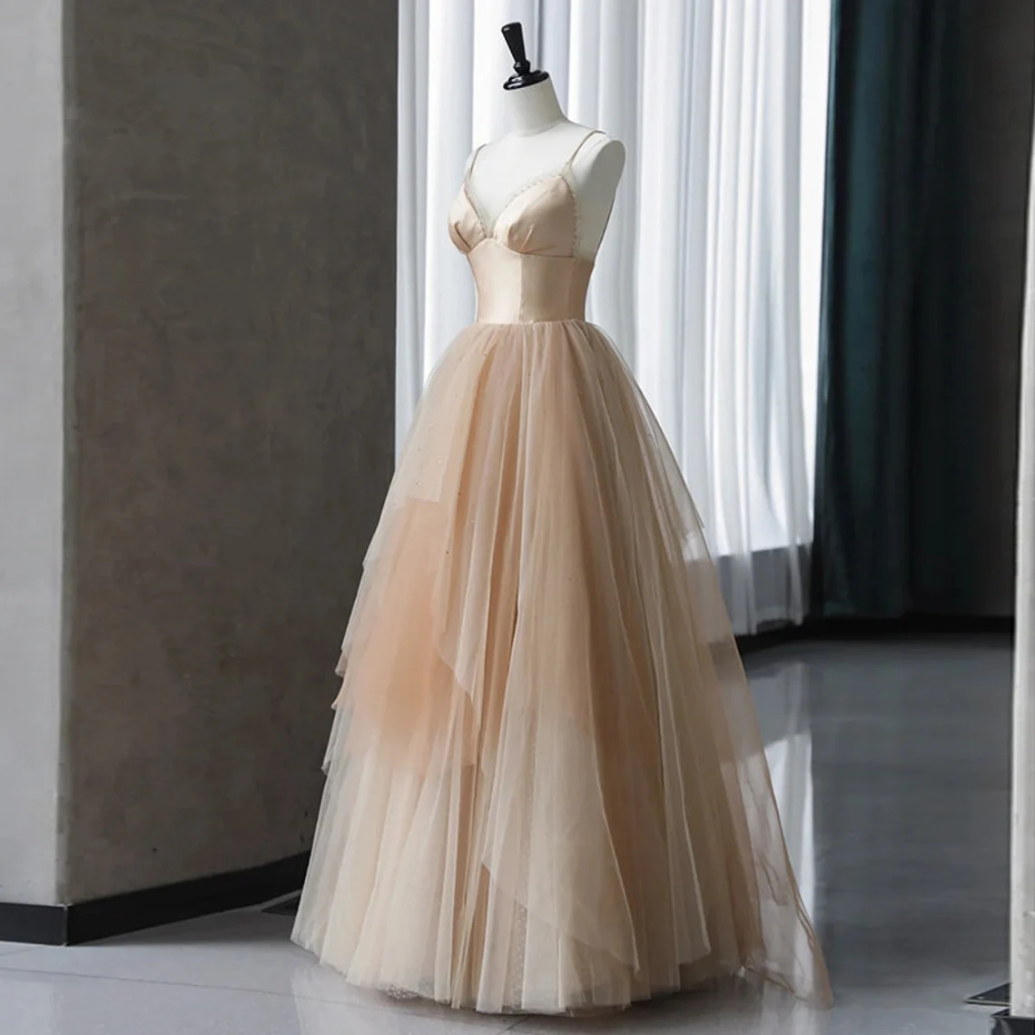 Champagne Tulle Gradient Tulle Straps Long Evening Dress, Charming For ...