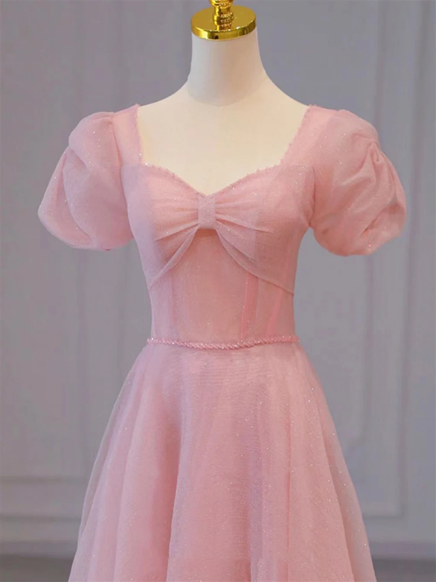Pink Sweetheart Short Sleeves Long A-line Prom Dress, Pink Evening Gow ...