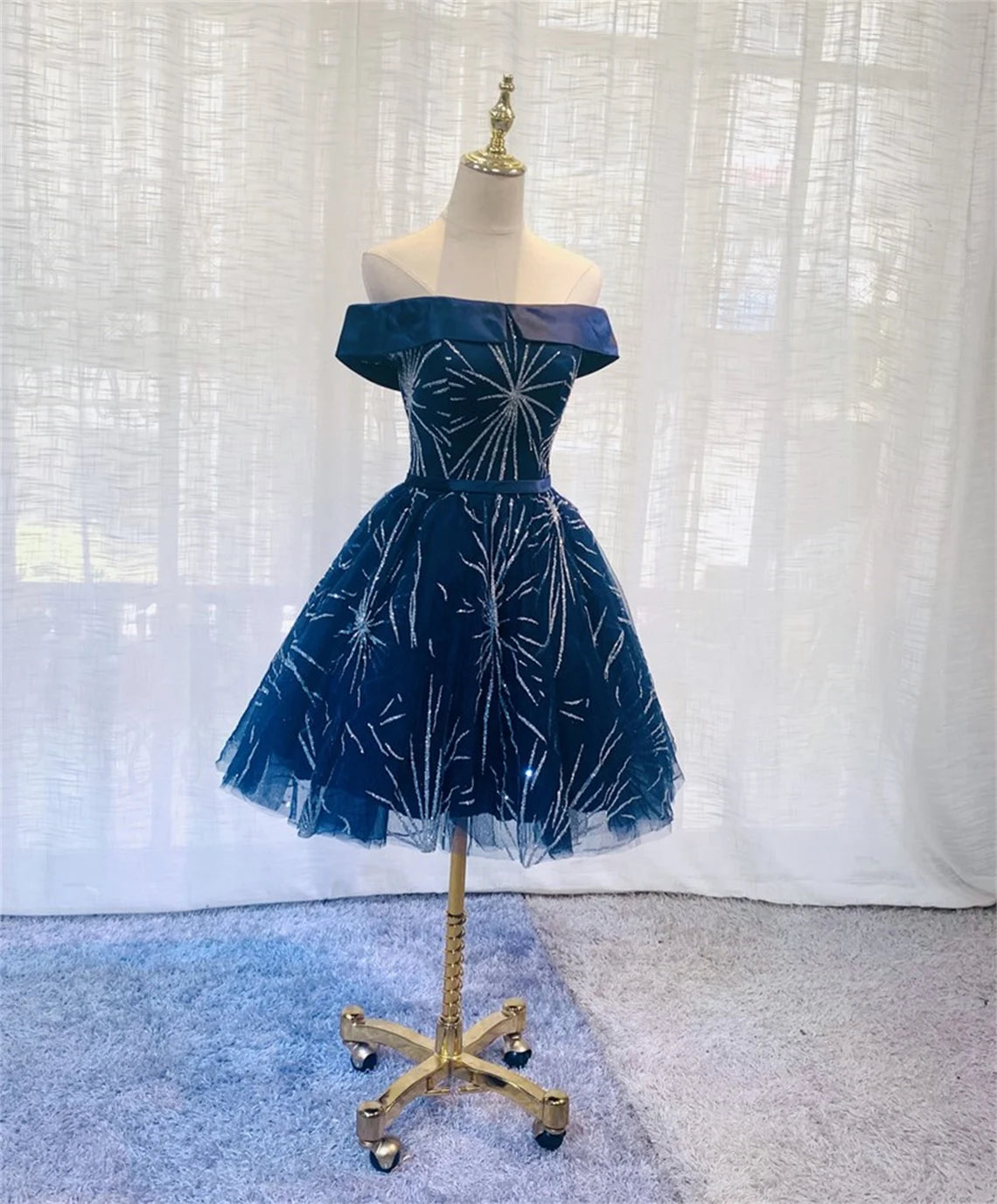Dark Blue Tulle Off Shoulder Knee Length Party Dress, Blue Homecoming ...