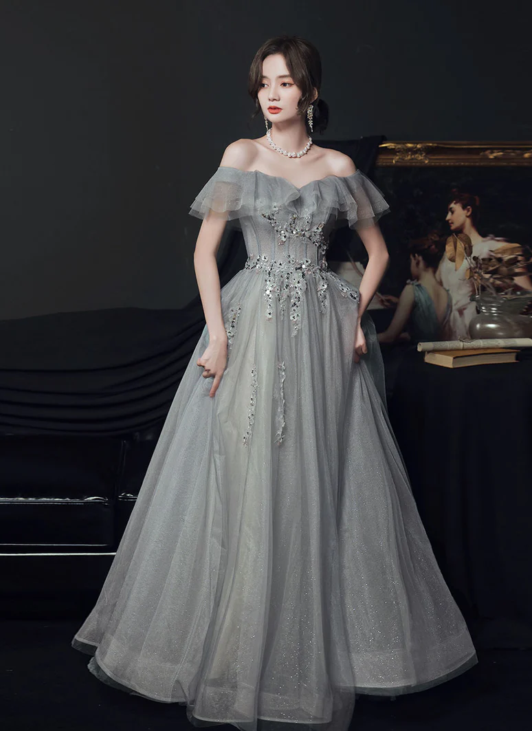 Light Grey Tulle A-line Sweetheart Prom Dress, Grey Off Shoulder Party ...