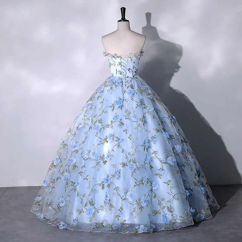 Blue Floral Sweetheart Floor Length Formal Dresses, Blue Long Party Dr ...