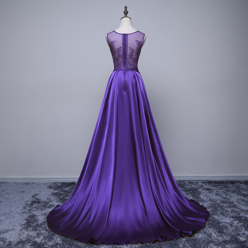 Beautiful Purple Long Round Neckline Prom Dress, Satin Wedding Party D ...
