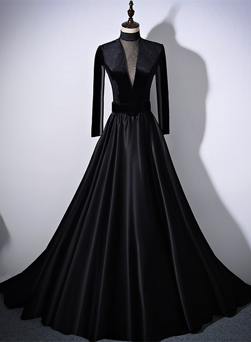 Black Velvet and Satin Long Sleeves See Through Back Formal Dress, Bla ...