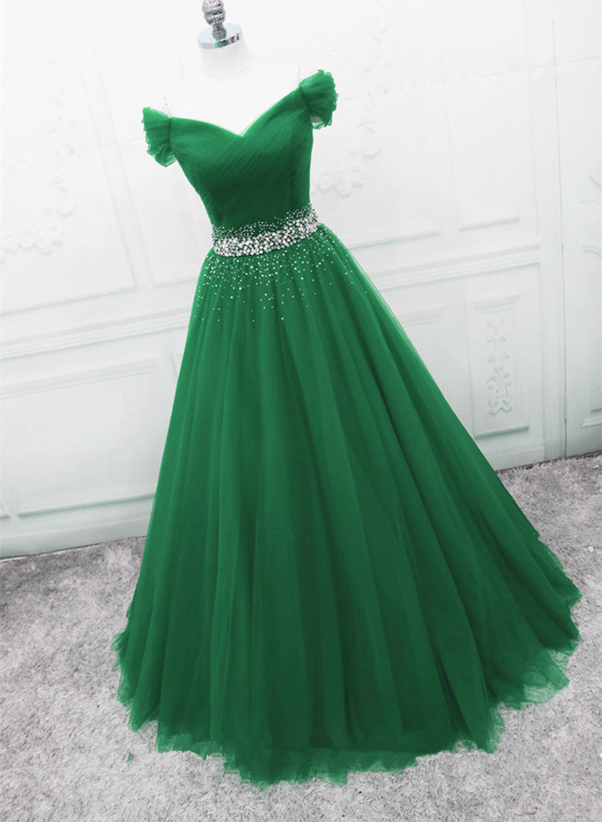 Green Off Shoulder Tulle Beaded A-line Formal Dress, Green Floor Lengt ...