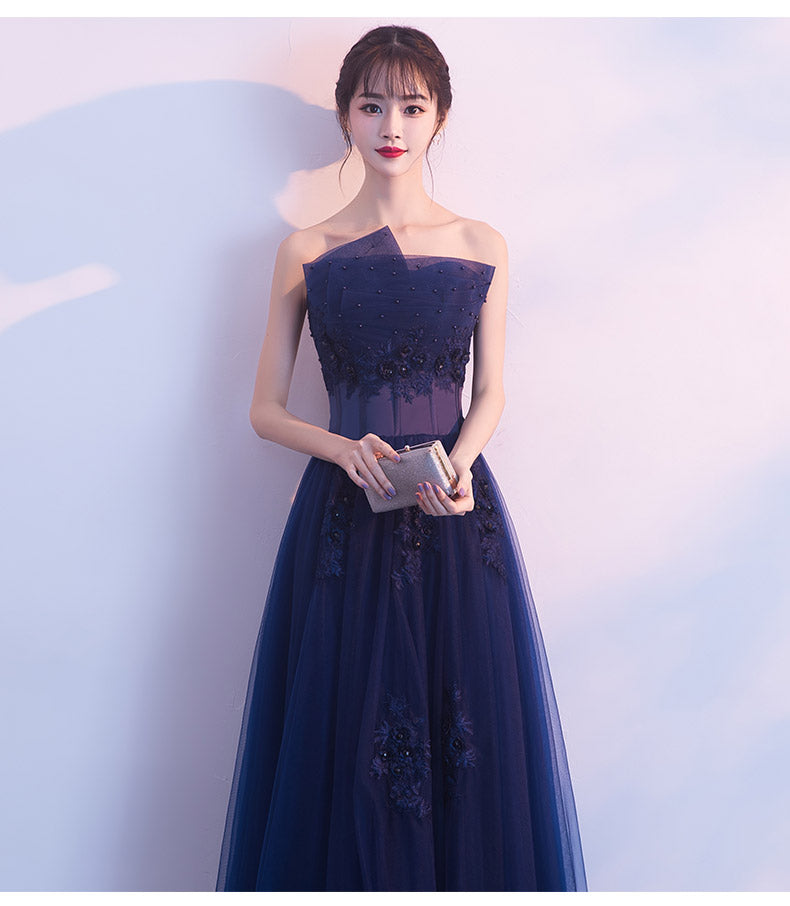 Navy Blue Tulle Long Party Dress with Lace and Beaded ,A-line Blue Pro ...