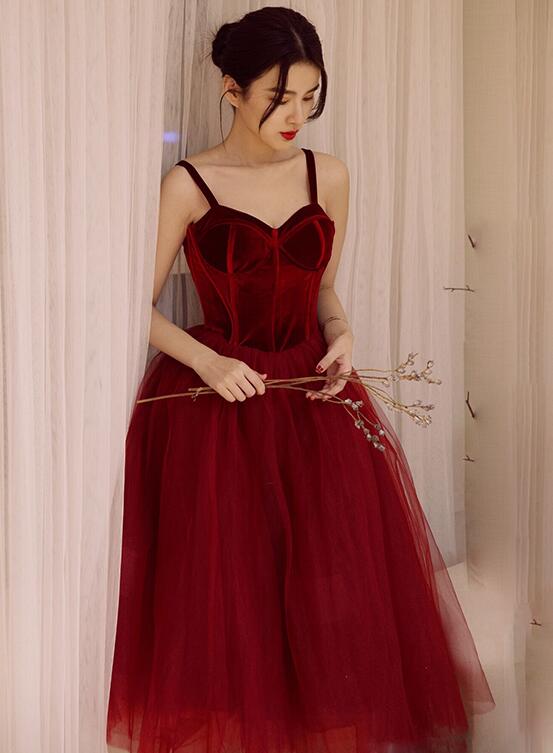 Wine Red Tea Length Velvet Top and Tulle Party Dress, Dark Red Straps ...