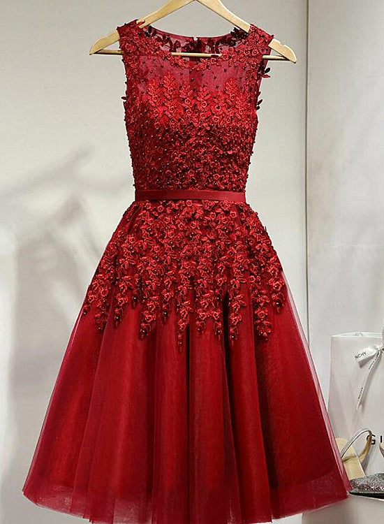 Dark Red Tulle Knee Length Party Dress, Wine Red Homecoming Dress ...