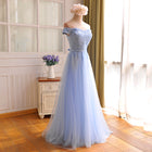 Elegant Light Blue Lace Applique Top Long Party Dress, Off Shoulder Br ...