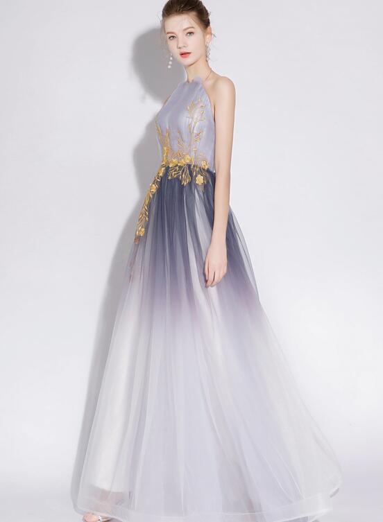 Beautiful Gradient Tulle Long Halter A-line Prom Dress, Charming Flowe ...