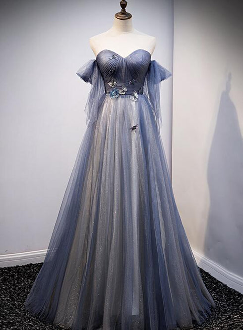 Blue and Grey Tulle Long Sweetheart Party Dress, Tulle A-line Formal D ...
