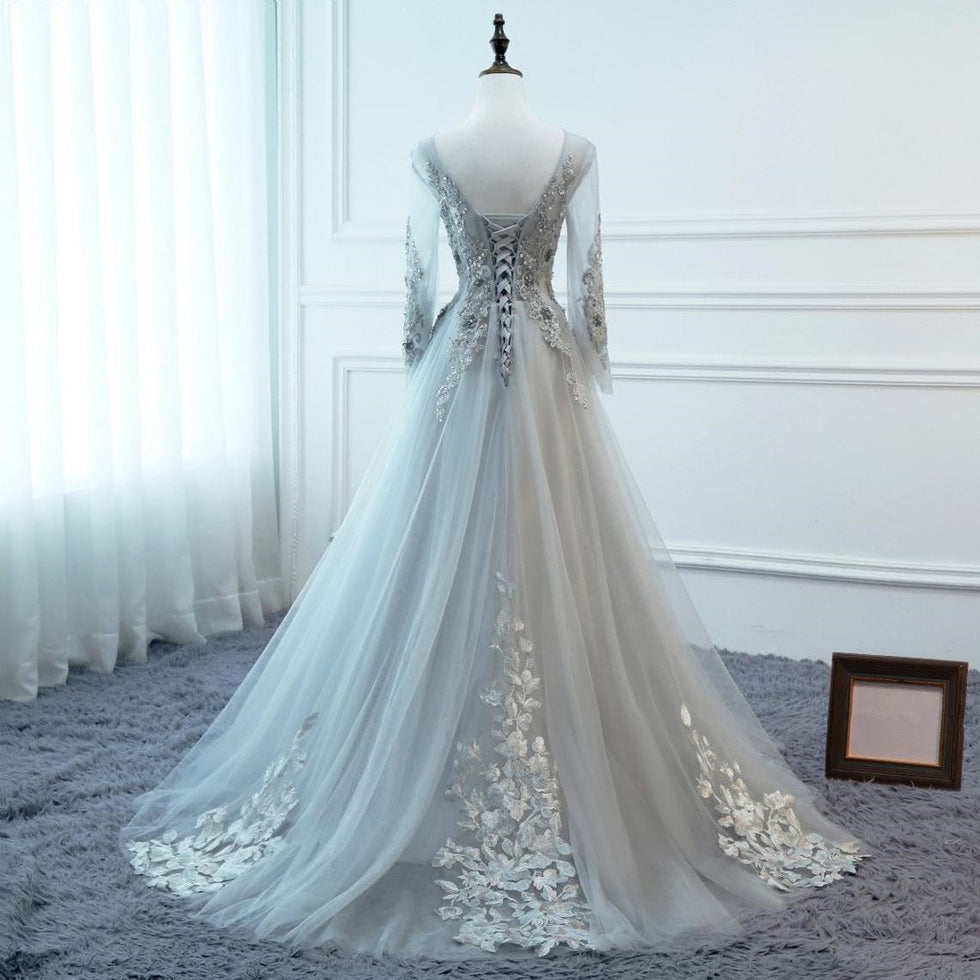 Light Grey Tulle Long Sleeves A-line Prom Dress, Grey Party Dress Form ...
