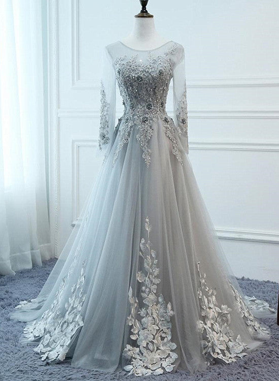 Light Grey Tulle Long Sleeves A-line Prom Dress, Grey Party Dress Form ...