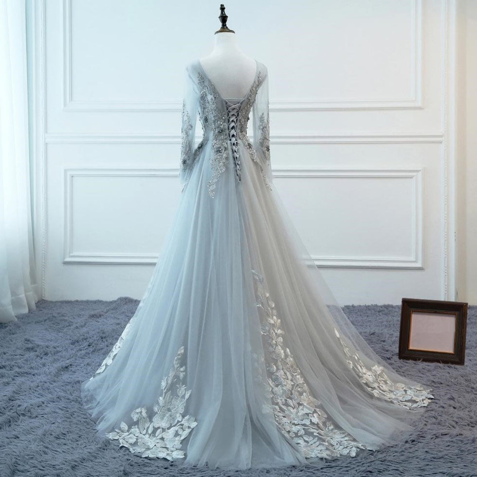 Light Grey Tulle Long Sleeves A-line Prom Dress, Grey Party Dress Form ...