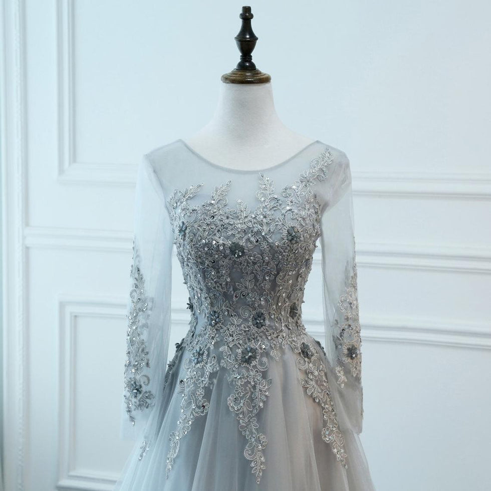 Light Grey Tulle Long Sleeves A-line Prom Dress, Grey Party Dress Form ...