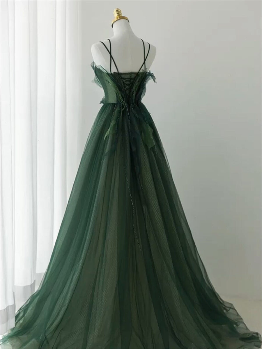 Dark Green Long Beaded A-line Evening Dress Party Dress, Green Prom Dr ...