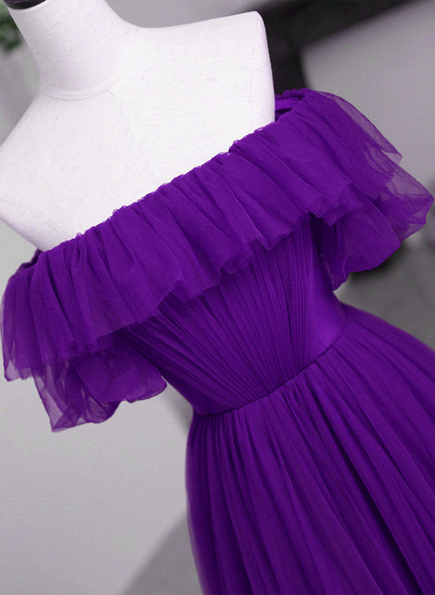 Dark Purple Tulle Off Shoulder Long Party Dress, A-line Purple Prom Dr ...