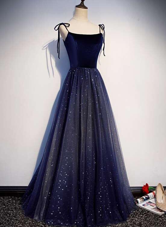 Beautiful Navy Blue Tulle Straps Long Velvet Party Dress, Blue Prom Dr ...