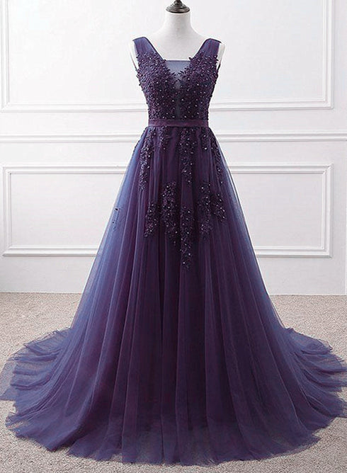 Purple Tulle Beaded Long Formal Party Dress, Dark Purple Evening Dress ...