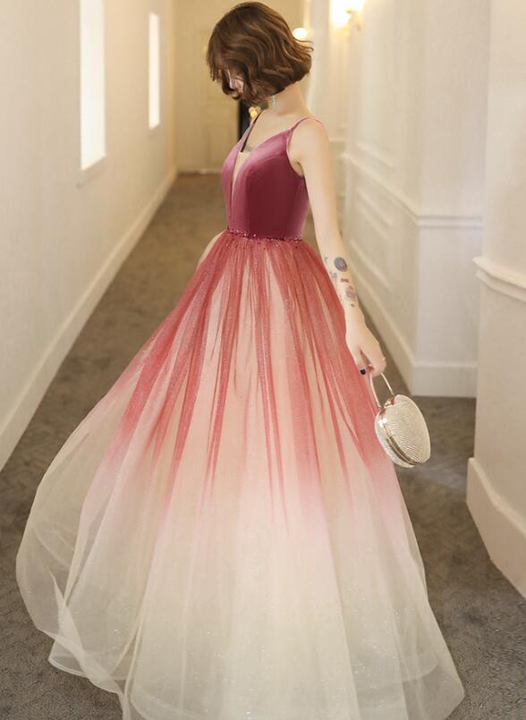 Lovely Pink Gradient Velvet Top Long Evening Dress, A-line Pink Tulle ...