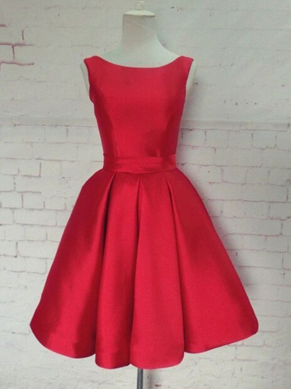 Cute Red Satin Scoop Sleeveless Short Party Dresses, Red Homecoming Dr ...