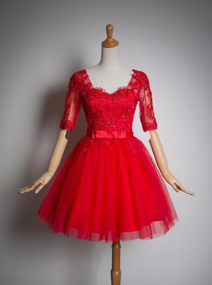 Red Lace Short Sleeves Tulle Knee Length Party Dresses, Red Short Form ...
