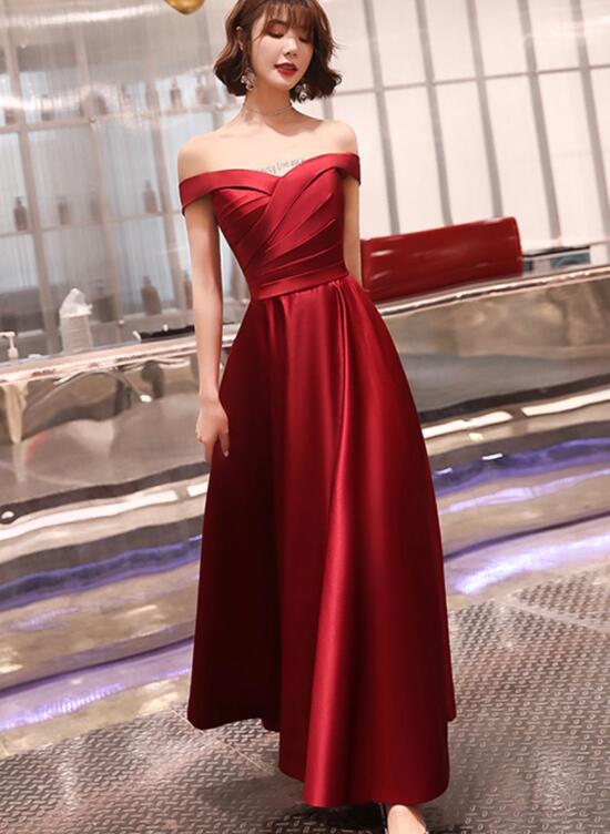 Dark Red Off Shoulder Satin Long Prom Dress, Red Evening Dress Bridesm ...