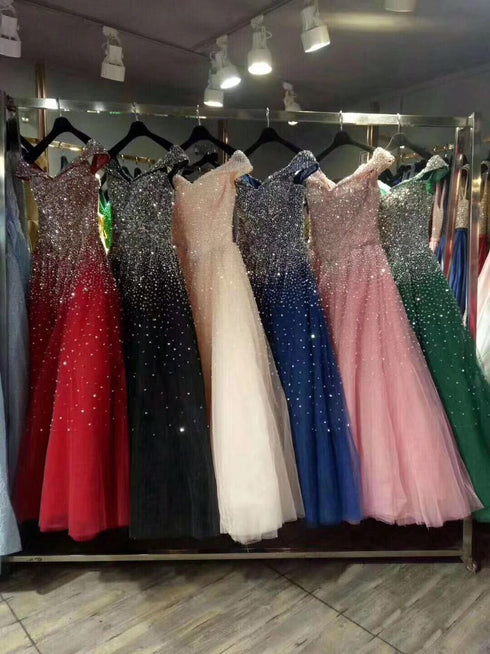 Blue Sparkle Off Shoulder Ball Party Dress , Handmade Beaded Party Dre ...