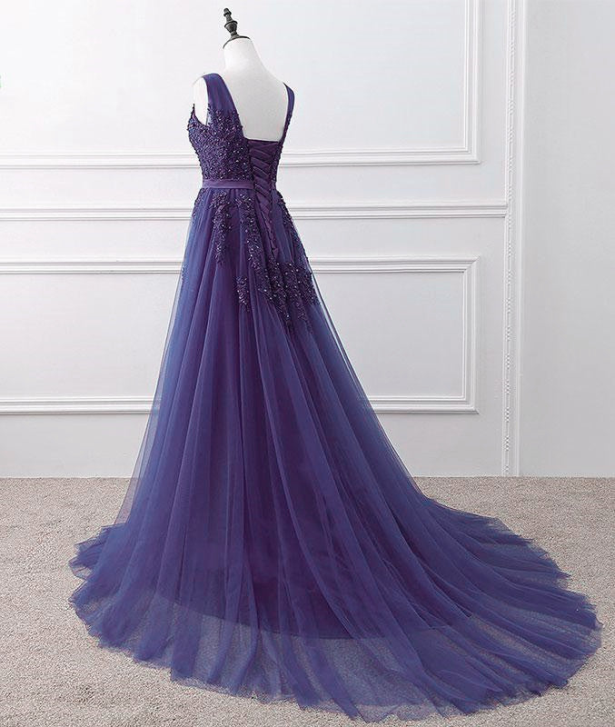 Purple Tulle Beaded Long Formal Party Dress, Dark Purple Evening Dress ...