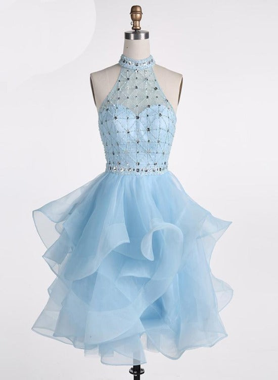 Light Blue Beaded Layers Knee Length Party Dress, Blue Homecoming Dres ...