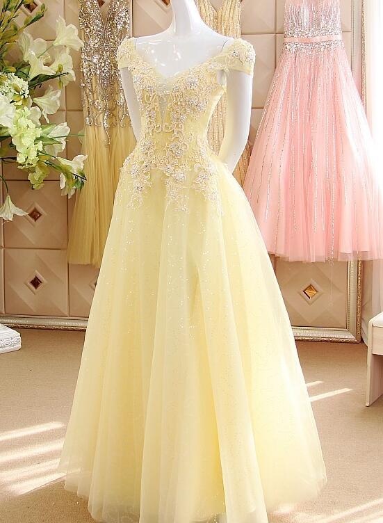 Light Yellow Tulle Cap Sleeves with Lace Applique Prom Dress, Yellow L ...